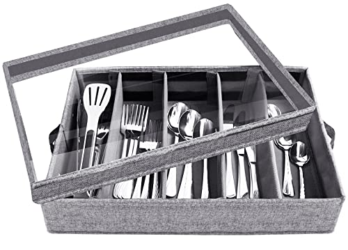 VERONLY Silverware Storage Box - Flatware Case Chest Box, 5 Compartment Tableware Cutlery Container with Removable PVC Lid and Easy to Carry Handles,Large Capacity Utensils(Light Grey)