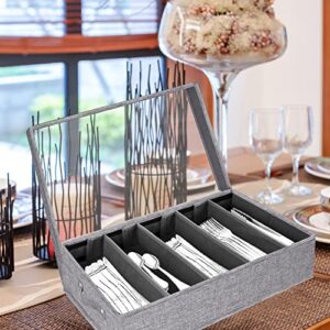 VERONLY Silverware Storage Box - Flatware Case Chest Box, 5 Compartment Tableware Cutlery Container with Removable PVC Lid and Easy to Carry Handles,Large Capacity Utensils(Light Grey)