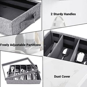 VERONLY Silverware Storage Box - Flatware Case Chest Box, 5 Compartment Tableware Cutlery Container with Removable PVC Lid and Easy to Carry Handles,Large Capacity Utensils(Light Grey)