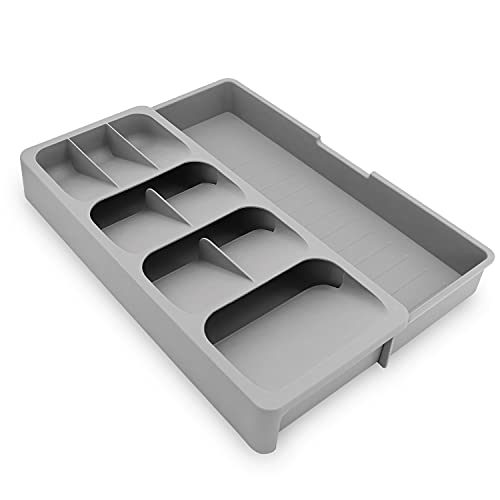 YUOIOYU Cutlery Organizer in Drawer, Expandable Compact Silverware Organizer for Kitchen Drawers, PP Plastic Kitchen Utensil Organizer for Flatware, Forks, Spoons, Silverware Tray for Drawer (Gray)