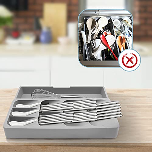 YUOIOYU Cutlery Organizer in Drawer, Expandable Compact Silverware Organizer for Kitchen Drawers, PP Plastic Kitchen Utensil Organizer for Flatware, Forks, Spoons, Silverware Tray for Drawer (Gray)