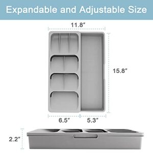 YUOIOYU Cutlery Organizer in Drawer, Expandable Compact Silverware Organizer for Kitchen Drawers, PP Plastic Kitchen Utensil Organizer for Flatware, Forks, Spoons, Silverware Tray for Drawer (Gray)