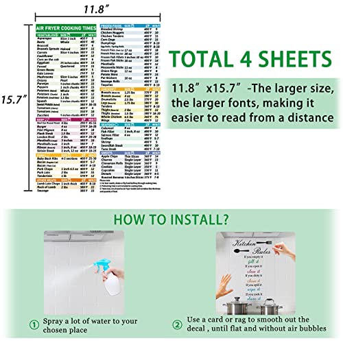 4 PCS, Large Print Air Fryer Cooking Times Chart Clear Sticker, Kitchen Measurement Conversion Chart, Meat Temperature Chart, Kitchen Rules, Cookbook Cheat Sheet, Removable Oil Proof Wall Protector