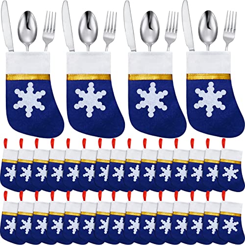 30 Pieces Christmas Dinner Table Decorations Snowflake Stocking Silverware Holder Mini Xmas Sock Tableware Holder Bag Knife Fork Spoon Knife Holder for Christmas Party Supplies(Snowflake Pattern)