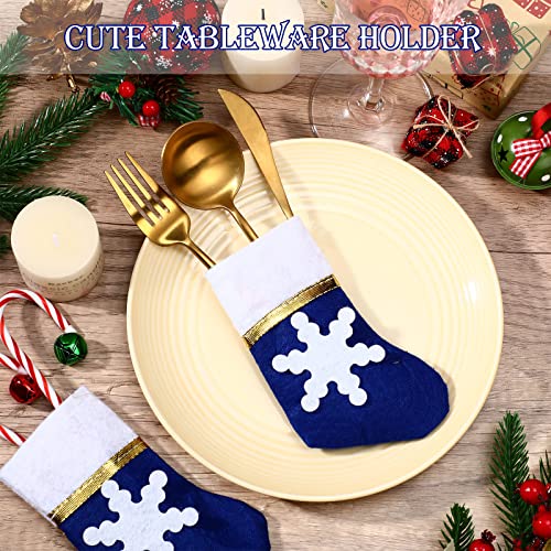 30 Pieces Christmas Dinner Table Decorations Snowflake Stocking Silverware Holder Mini Xmas Sock Tableware Holder Bag Knife Fork Spoon Knife Holder for Christmas Party Supplies(Snowflake Pattern)