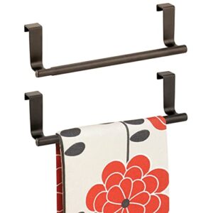 mdesign metal over kitchen cabinet door towel bar holder for hand, dish, and tea towel rack – over the door towel bar- hang inside or outside doors – kitchen organizer, omni collection, 2 pack, bronze