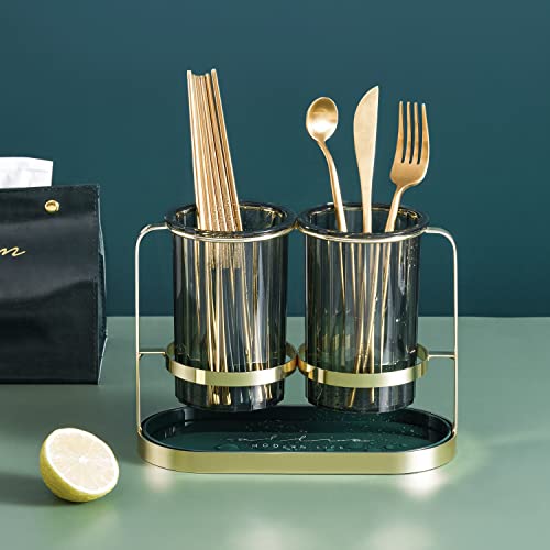 MORNITE Utensil Caddy Flatware Organizers Silverware Holder Spatula Forks Knives Spoons Chopstick Storage for Kitchen Dining Countertop Golden Green