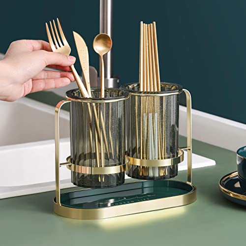 MORNITE Utensil Caddy Flatware Organizers Silverware Holder Spatula Forks Knives Spoons Chopstick Storage for Kitchen Dining Countertop Golden Green