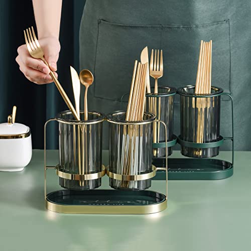 MORNITE Utensil Caddy Flatware Organizers Silverware Holder Spatula Forks Knives Spoons Chopstick Storage for Kitchen Dining Countertop Golden Green