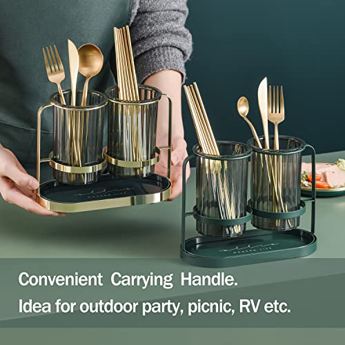 MORNITE Utensil Caddy Flatware Organizers Silverware Holder Spatula Forks Knives Spoons Chopstick Storage for Kitchen Dining Countertop Golden Green