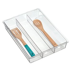 mDesign Plastic 3-Section Compact In-Drawer Utensil Storage Organizer Tray for Kitchen, Pantry; Holder for Silverware, Cutlery, Flatware, Large & Small Utensils, Spoon, Fork - Ligne Collection, Clear