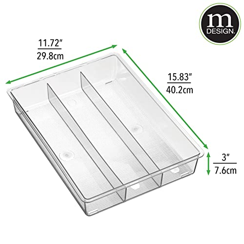 mDesign Plastic 3-Section Compact In-Drawer Utensil Storage Organizer Tray for Kitchen, Pantry; Holder for Silverware, Cutlery, Flatware, Large & Small Utensils, Spoon, Fork - Ligne Collection, Clear