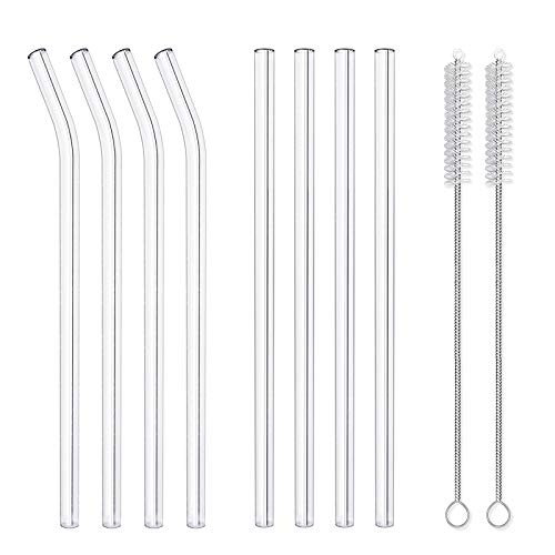 8 Pack Reusable Glass Drinking Straws - 10" x 10 mm - Smoothie Straws for Milkshakes, Frozen Drinks, Smoothies, Bubble Tea - Environmentally Friendly