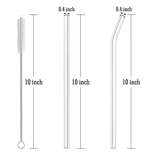 8 Pack Reusable Glass Drinking Straws - 10" x 10 mm - Smoothie Straws for Milkshakes, Frozen Drinks, Smoothies, Bubble Tea - Environmentally Friendly