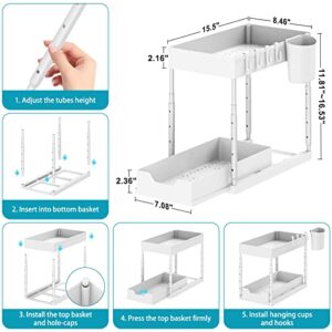 Under Sink Organizers and Storage 2 Pack - LITFP Adjustable Height Under Bathroom Cabinet Organizer 2 Tier, Sliding Kitchen Organization Under Sink Cabinet Basket Storage Shelf with Hooks Hanging Cup