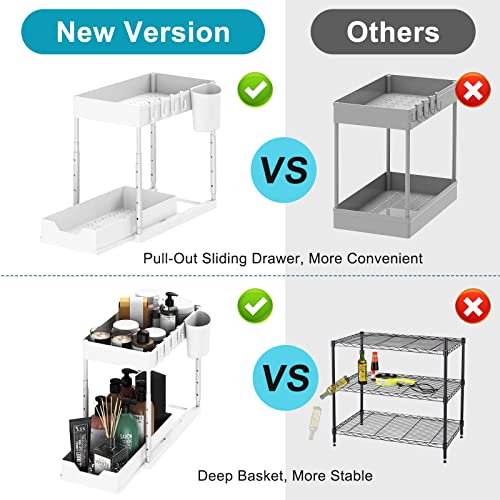 Under Sink Organizers and Storage 2 Pack - LITFP Adjustable Height Under Bathroom Cabinet Organizer 2 Tier, Sliding Kitchen Organization Under Sink Cabinet Basket Storage Shelf with Hooks Hanging Cup