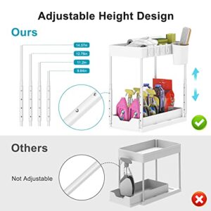 Under Sink Organizers and Storage 2 Pack - LITFP Adjustable Height Under Bathroom Cabinet Organizer 2 Tier, Sliding Kitchen Organization Under Sink Cabinet Basket Storage Shelf with Hooks Hanging Cup