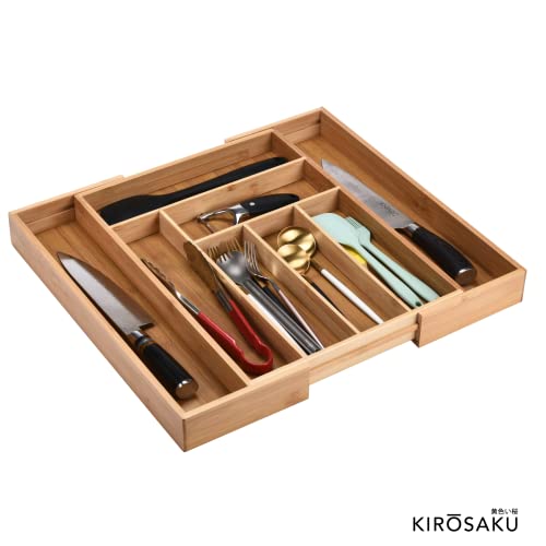 KITCHTIC Expandable Bamboo Drawer Organizer for Utensils, Cutlery, Silverware, Flatware, Knives for Kitchen - Wooden Cabinet Drawers Dividers for Spoon, Fork, Knife - Adjustable to any Size