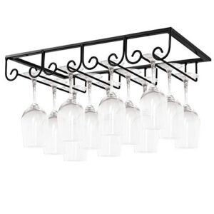 mocoum under cabinet wine glass rack stemware rack, wine glasses hanger rack wire wine glass holder storage hanger for cabinet kitchen bar (black, 4 rows 1 pack)