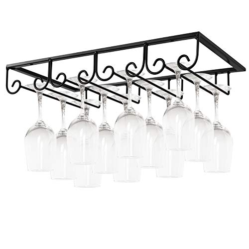 MOCOUM Under Cabinet Wine Glass Rack Stemware Rack, Wine Glasses Hanger Rack Wire Wine Glass Holder Storage Hanger for Cabinet Kitchen Bar (Black, 4 Rows 1 Pack)