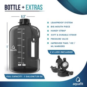 AQUAFIT 1 Gallon Water Bottle With Times To Drink - 128 oz Water Bottle With Straw - Motivational Water Bottle - Large Water Bottle - Sports Water Bottle With Time Marker - Gym Water Jug 1 Gallon