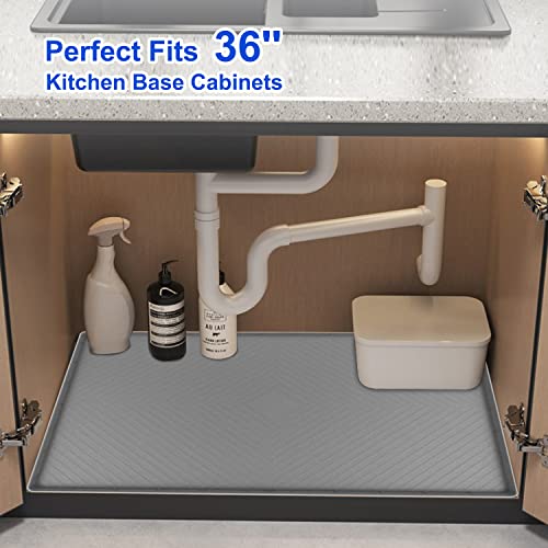 Under Sink Mat,PRETIRENO 34" x 22" Silicone Under Sink Liner for Kitchen & Bathroom Sink Base Cabinets,Under Sink Drip Tray with Lip, Grey