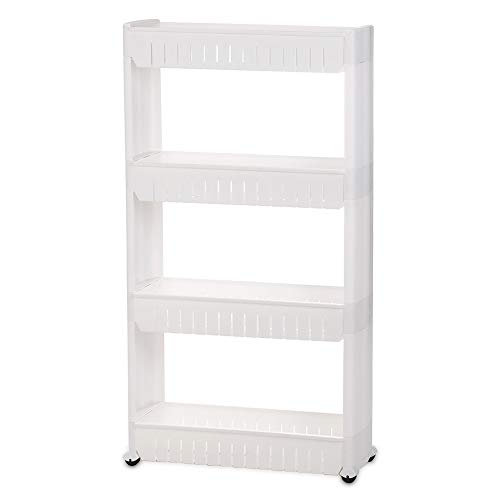 Gap Storage Organizer, FOME 4 Tier Mobile Shelving Unit Organizer Slide Out Storage Tower Slim Storage Tower Rack with Wheels Pull Out Pantry Shelves Cart for Kitchen Bath Room Narrow Spaces