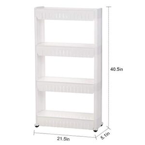 Gap Storage Organizer, FOME 4 Tier Mobile Shelving Unit Organizer Slide Out Storage Tower Slim Storage Tower Rack with Wheels Pull Out Pantry Shelves Cart for Kitchen Bath Room Narrow Spaces