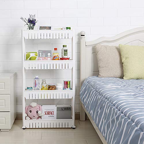 Gap Storage Organizer, FOME 4 Tier Mobile Shelving Unit Organizer Slide Out Storage Tower Slim Storage Tower Rack with Wheels Pull Out Pantry Shelves Cart for Kitchen Bath Room Narrow Spaces