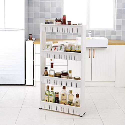 Gap Storage Organizer, FOME 4 Tier Mobile Shelving Unit Organizer Slide Out Storage Tower Slim Storage Tower Rack with Wheels Pull Out Pantry Shelves Cart for Kitchen Bath Room Narrow Spaces