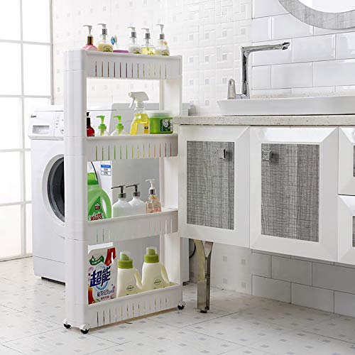 Gap Storage Organizer, FOME 4 Tier Mobile Shelving Unit Organizer Slide Out Storage Tower Slim Storage Tower Rack with Wheels Pull Out Pantry Shelves Cart for Kitchen Bath Room Narrow Spaces