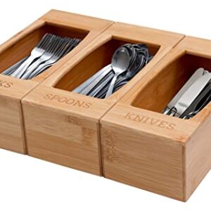 KOVOT Bamboo Utensils Organizer – Bamboo Wood Flatware Caddy – Cutlery Holder with 3 Separate Compartments – Forks, Spoons, Knives – Bamboo Organizing Box for Kitchen Counter, Drawers, Table