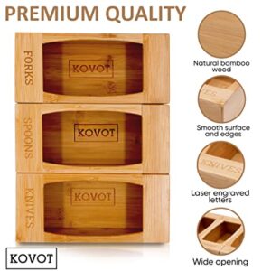 KOVOT Bamboo Utensils Organizer – Bamboo Wood Flatware Caddy – Cutlery Holder with 3 Separate Compartments – Forks, Spoons, Knives – Bamboo Organizing Box for Kitchen Counter, Drawers, Table