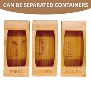 KOVOT Bamboo Utensils Organizer – Bamboo Wood Flatware Caddy – Cutlery Holder with 3 Separate Compartments – Forks, Spoons, Knives – Bamboo Organizing Box for Kitchen Counter, Drawers, Table