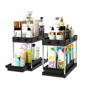 2pcs under sink organizers and storage- multi-purpose, pull-out kitchen sink cabinet organizer with hooks- durable bathroom under sink organizer with sliding drawers- cabinet drawers slide out