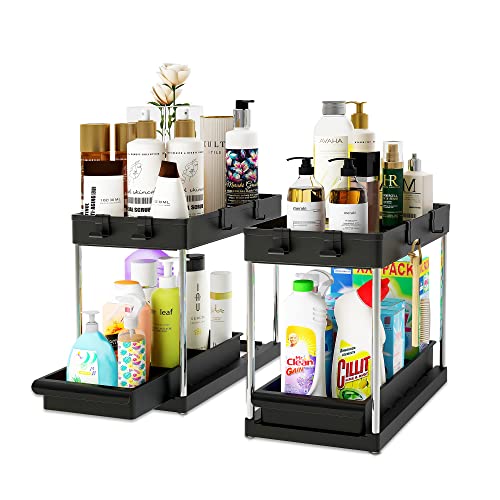 2Pcs Under Sink Organizers and Storage- Multi-Purpose, Pull-Out Kitchen Sink Cabinet Organizer with Hooks- Durable Bathroom Under Sink Organizer with Sliding Drawers- Cabinet Drawers Slide Out