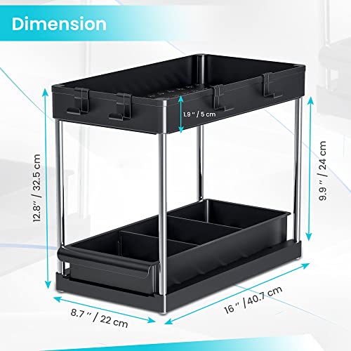 2Pcs Under Sink Organizers and Storage- Multi-Purpose, Pull-Out Kitchen Sink Cabinet Organizer with Hooks- Durable Bathroom Under Sink Organizer with Sliding Drawers- Cabinet Drawers Slide Out