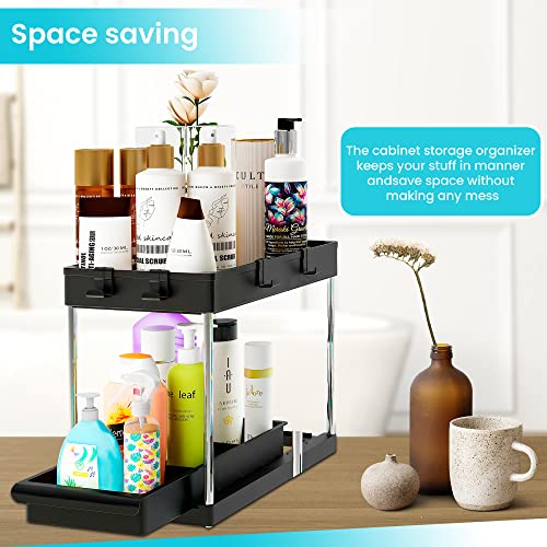 2Pcs Under Sink Organizers and Storage- Multi-Purpose, Pull-Out Kitchen Sink Cabinet Organizer with Hooks- Durable Bathroom Under Sink Organizer with Sliding Drawers- Cabinet Drawers Slide Out