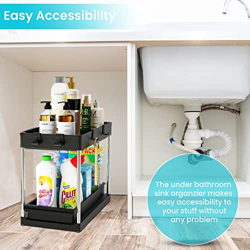 2Pcs Under Sink Organizers and Storage- Multi-Purpose, Pull-Out Kitchen Sink Cabinet Organizer with Hooks- Durable Bathroom Under Sink Organizer with Sliding Drawers- Cabinet Drawers Slide Out