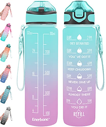 Enerbone 32 oz Water Bottle with Times to Drink and Straw, Motivational Drinking Water Bottles with Carrying Strap, Leakproof BPA & Toxic Free, Ensure You Drink Enough Water for Fitness Gym Outdoor