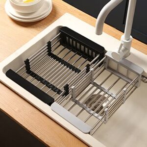 GULICA Dish Drying Rack, Adjustable Stainless Steel Drainer Basket Drain Tray for Dish Vegetable Fruit, On Counter Dish Rack or in Sink Over Sink Kitchen Basket Dish Drying Rack Grey