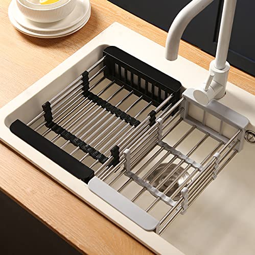 GULICA Dish Drying Rack, Adjustable Stainless Steel Drainer Basket Drain Tray for Dish Vegetable Fruit, On Counter Dish Rack or in Sink Over Sink Kitchen Basket Dish Drying Rack Grey