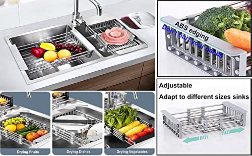 GULICA Dish Drying Rack, Adjustable Stainless Steel Drainer Basket Drain Tray for Dish Vegetable Fruit, On Counter Dish Rack or in Sink Over Sink Kitchen Basket Dish Drying Rack Grey