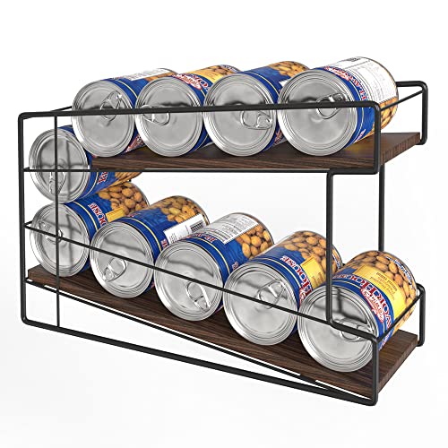 Stackable Beverage Can Dispenser Rack, Metal Black Lacquered Wooden Can Storage Organizer Holder, Can Storage Dispenser Holder for Refrigerator, Cabinet, Kitchen Pantry, Countertop