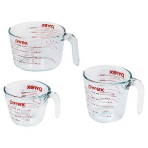 pyrex 3 piece glass measuring cup set, includes 1-cup, 2-cup, and 4-cup tempered glass liquid measuring cups, dishwasher, freezer, microwave, and preheated oven safe, essential kitchen tools