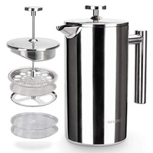 secura french press coffee maker, 304 grade stainless steel insulated coffee press with 2 extra screens, 34oz (1 litre), silver