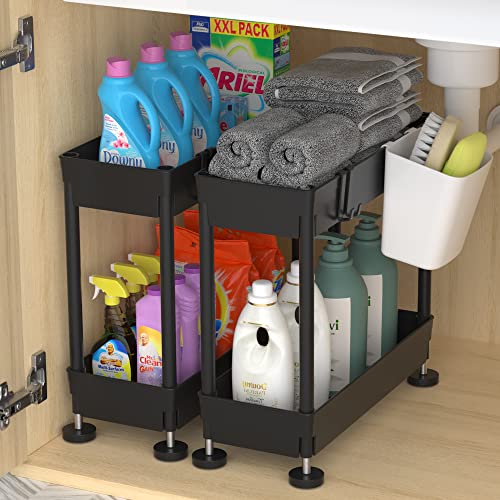 SUNTECH 2 Pack Under Sink Organizer, 2 Tier Under Bathroom Storage Rack with 4 Hooks and 2 Hanging Cup, Multi-purpose Under Sink Shelf Organizer for Bathroom Kitchen Countertop and Cabinet