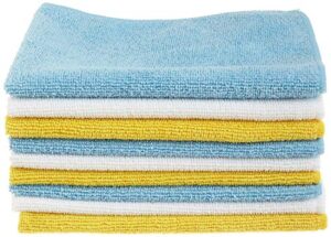 amazon basics microfiber cleaning cloths, non-abrasive, reusable and washable – pack of 24, 12 x16-inch, blue, white and yellow