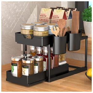 glamourier kitchen shelf under sink pull out drawer 2 layers sliding rack cabinets multifunctional storage 2 storage cups 4 hooks multifunctional kitchen bathroom storage (black)