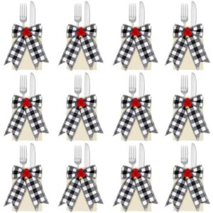 DULEFUN 12pcs Christmas Silverware Holders, Linen Christmas Cutlery Holders Classical Buffalo Plaid Xmas Flatware Tableware Holder Bags Christmas Utensil Holder for Christmas Table Setting Decorations